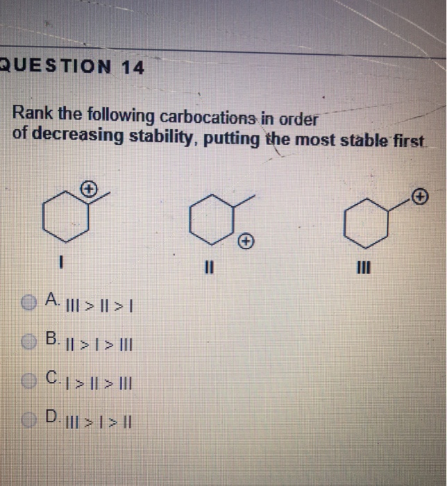 QUESTION 14 Rank the following carbocations in order | Chegg.com