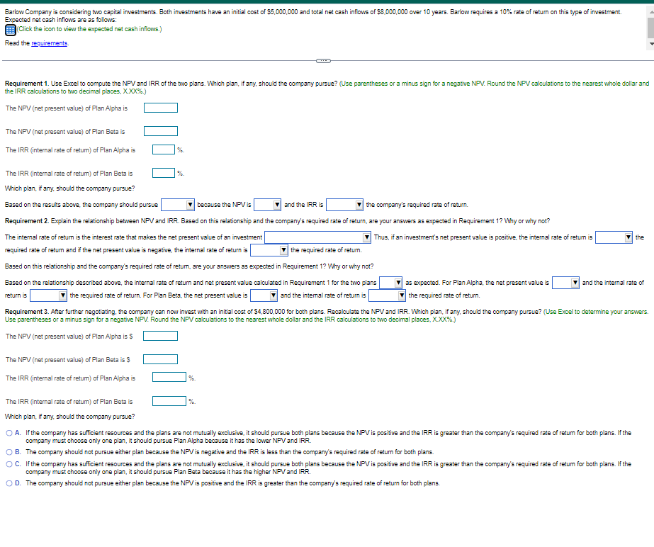 Solved Excected net cash inflows are as follows: 'Click the | Chegg.com