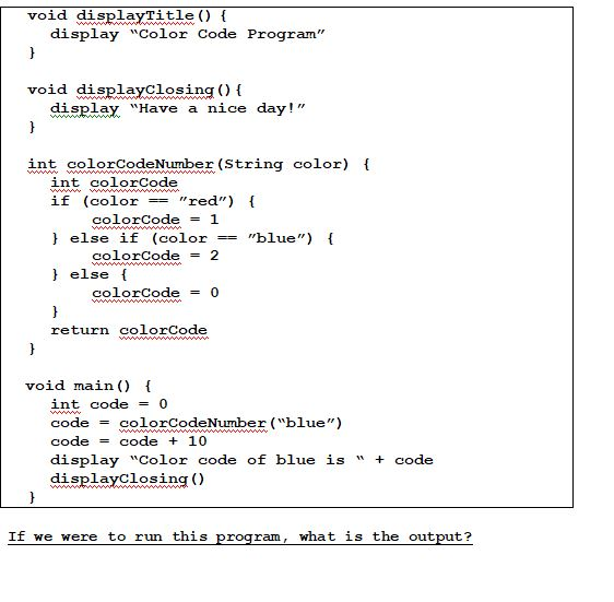 Solved void displayTitle() { display "Color Code Program" | Chegg.com