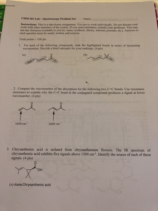 Solved CHM 201 Lab-Spectroscopy Problem Set Name: | Chegg.com