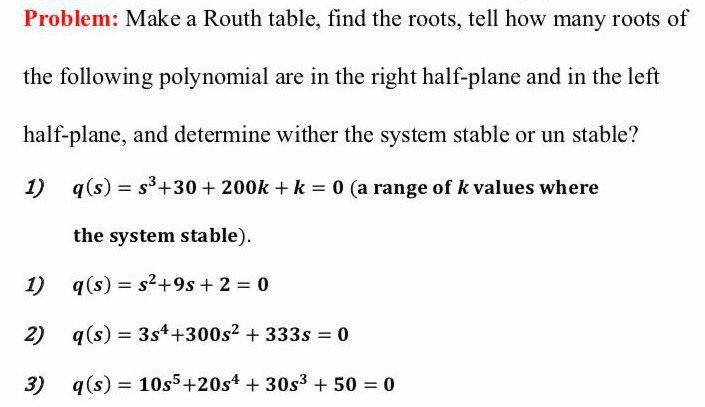 Solved Problem: Make a Routh table, find the roots, tell how | Chegg.com