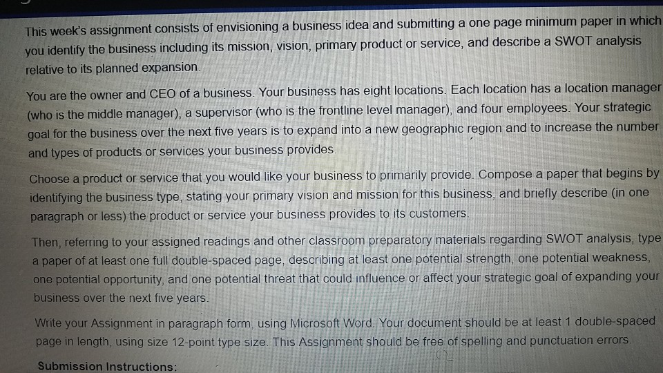 Solved This week's assignment consists of envisioning a | Chegg.com
