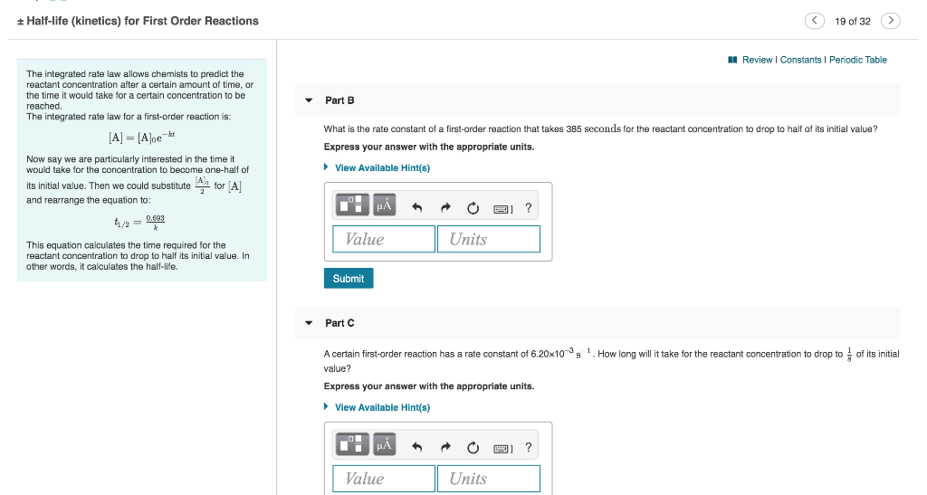 Solved Half-life (kinetics) for First Order Reactions 19 of | Chegg.com
