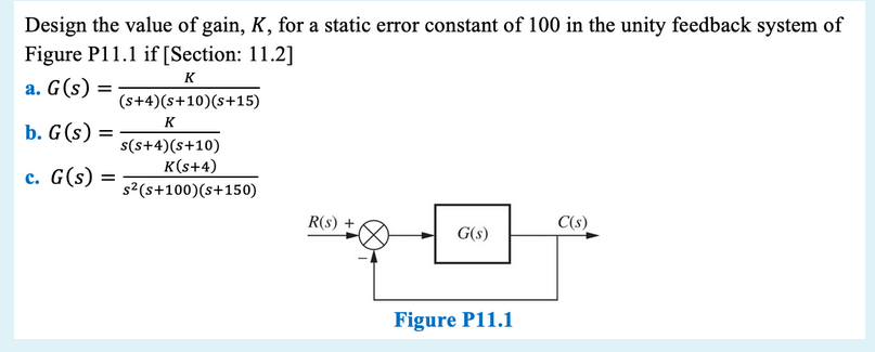 Solved K Design the value of gain, K, for a static error | Chegg.com