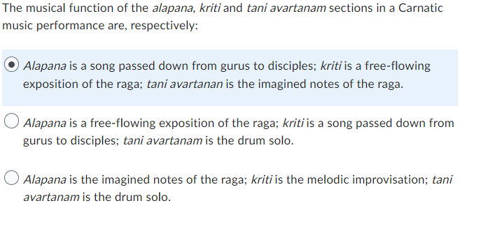 Solved The musical function of the alapana, kriti and tani | Chegg.com