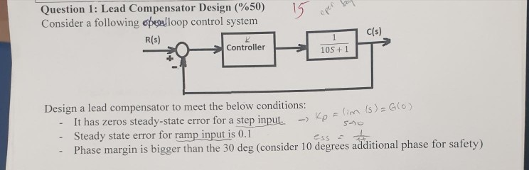 Solved Question 1: Lead Compensator Design (%50) Consider a | Chegg.com