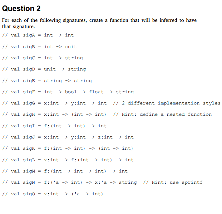 Question 2 For each of the following signatures, | Chegg.com