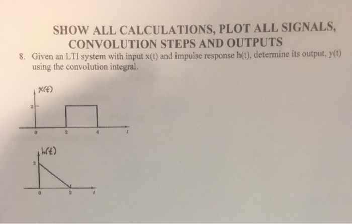 Solved SHOW ALL CALCULATIONS, PLOT ALL SIGNALS, CONVOLUTION | Chegg.com