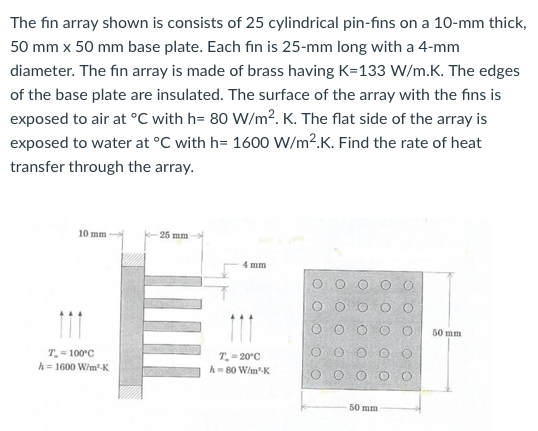 Solved The fin array shown is consists of 25 cylindrical | Chegg.com