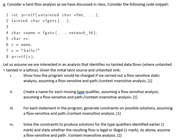 g. Consider a taint flow analysis as we have | Chegg.com