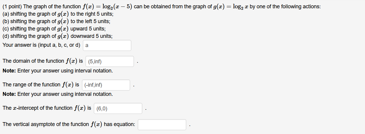 Solved — (1 point) The graph of the function f(x) = log2 (x | Chegg.com