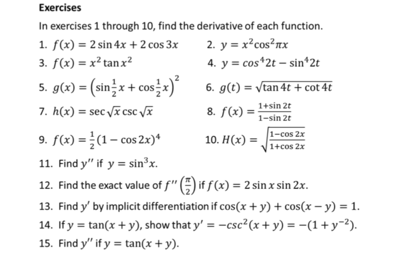 Solved Exercises: Find the indicated derivative. Write each | Chegg.com