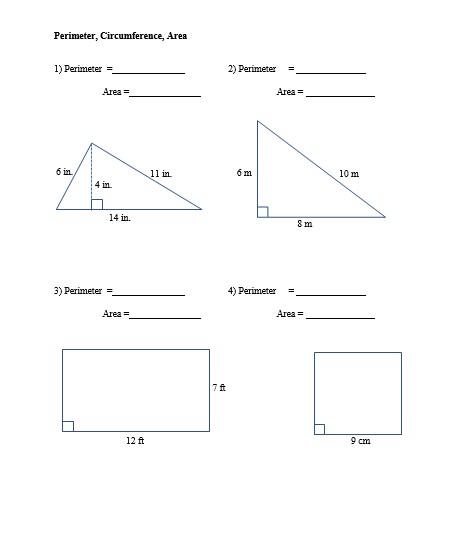 Solved Perimeter, Circumference, Area 1) Perimeter = 2) | Chegg.com