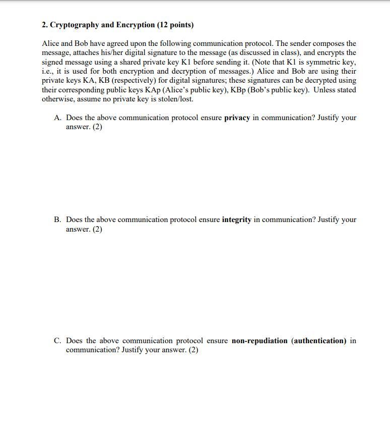 Solved 2. Cryptography and Encryption (12 points) Alice and | Chegg.com