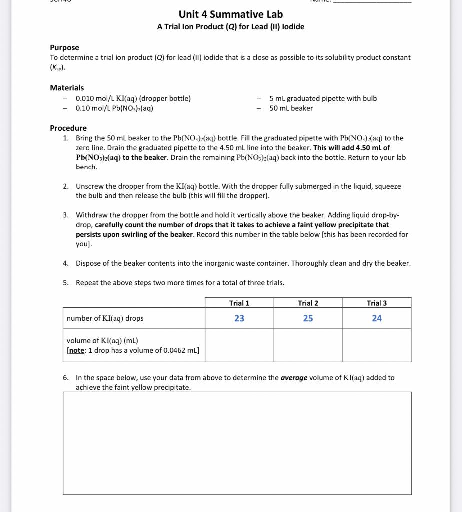Solved Unit 4 Summative Lab A Trial Ion Product (Q) for Lead | Chegg.com