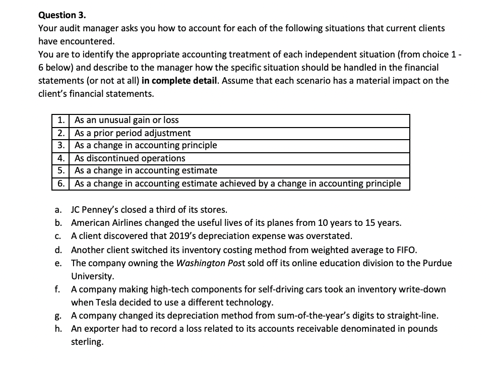 Solved Question 3. Your audit manager asks you how to | Chegg.com