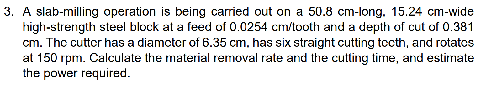 Solved 3. A slab-milling operation is being carried out on a | Chegg.com