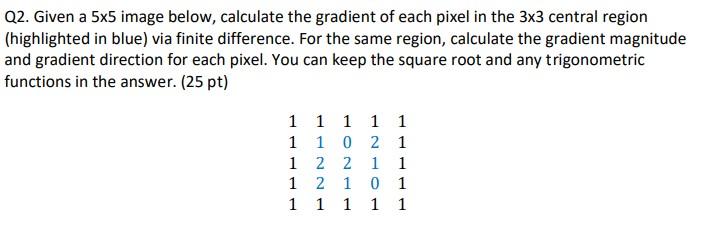 Solved Q2. Given a 5×5 image below, calculate the gradient | Chegg.com