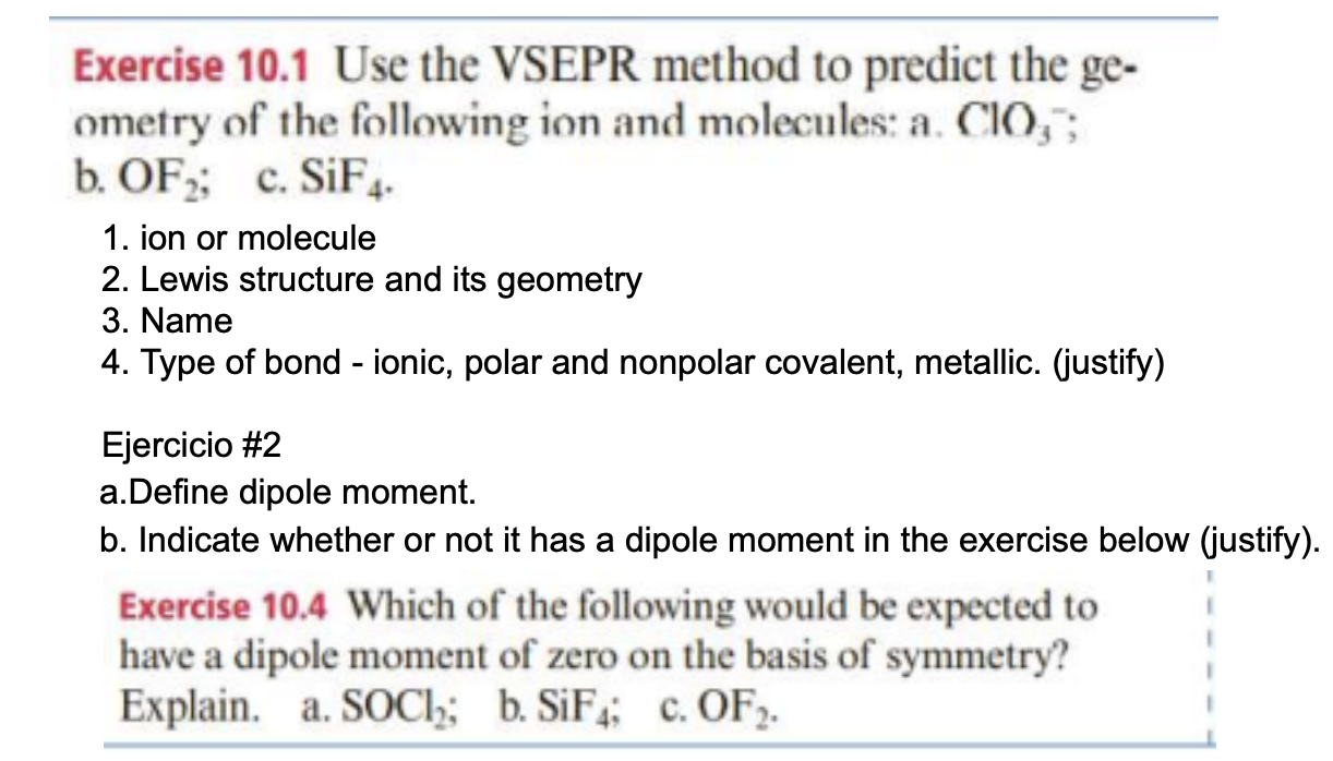 Solved Exercise 10.1 Use the VSEPR method to predict the ge- | Chegg.com