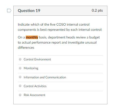 Solved D Question 19 0.2 pts Indicate which of the five COSO | Chegg.com