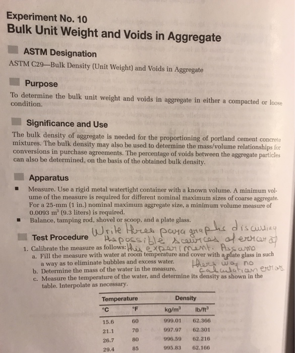 Solved Experiment No. 10 Bulk Unit Weight and Voids in | Chegg.com