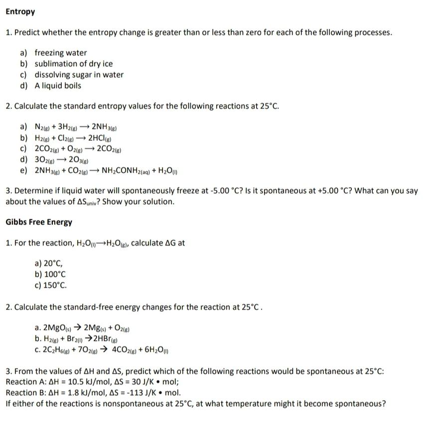 Solved Entropy 1. Predict whether the entropy change is | Chegg.com