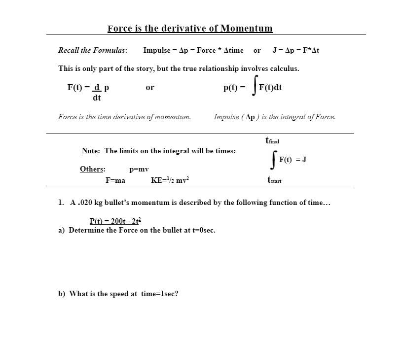 Solved Force is the derivative of Momentum Recall the | Chegg.com