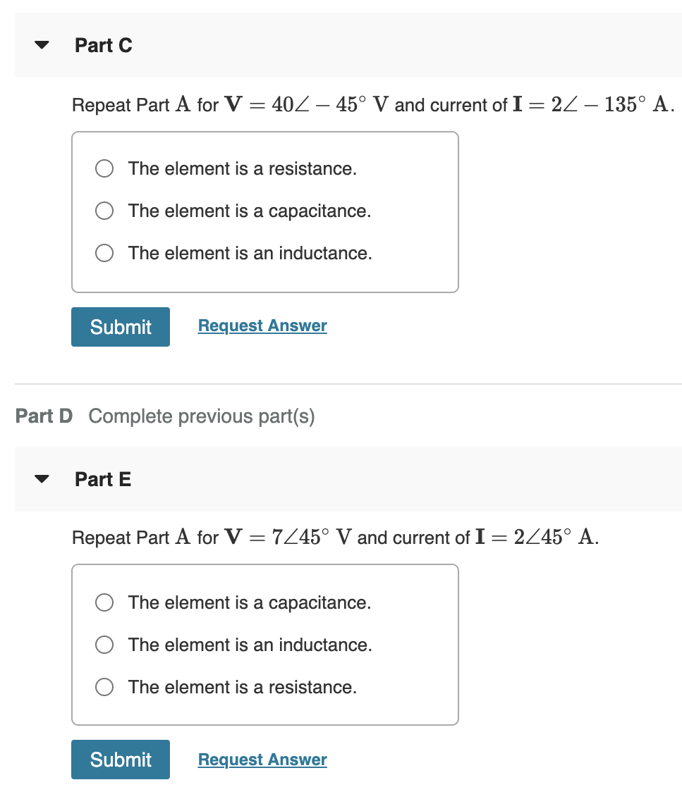 Solved Part A A certain element has a phasor voltage of | Chegg.com