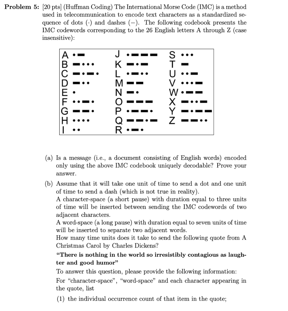 Problem 5: (20 pts) (Huffman Coding) The | Chegg.com