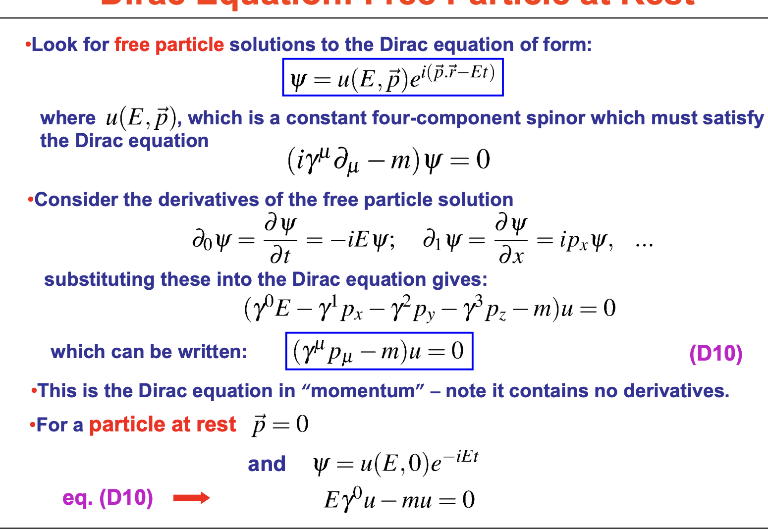 Look For Free Particle Solutions To The Dirac
