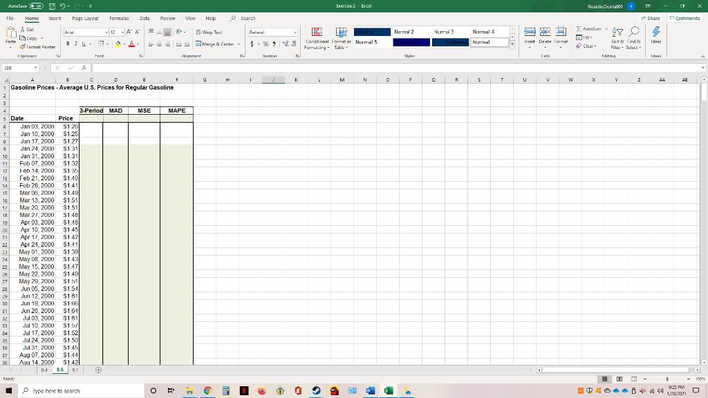 Solved For the data in the Excel file Gasoline Prices, do | Chegg.com