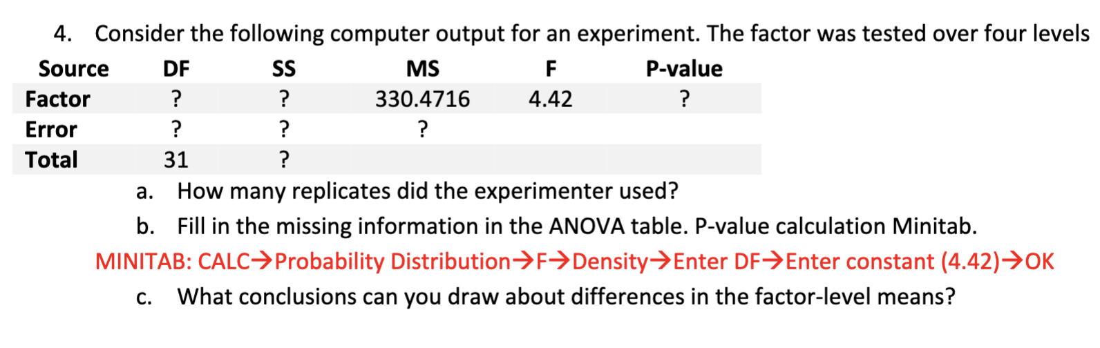 Solved 4. Consider the following computer output for an | Chegg.com