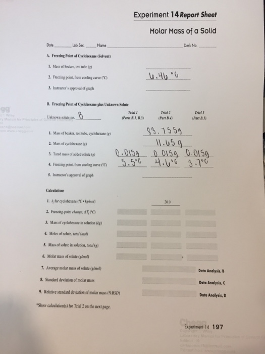 Experiment 14 Report Sheet Molar Mass of a Solid Lob | Chegg.com