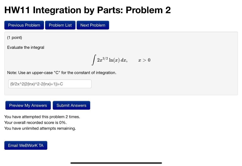 Solved HW11 Integration by Parts: Problem 2 (1 point) | Chegg.com