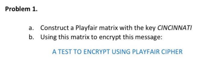 Solved Problem 1. Construct a Playfair matrix with the key | Chegg.com
