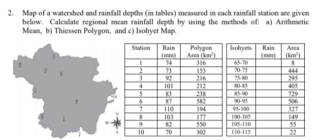 Solved 2. Map of a watershed and rainfall depths (in tables) | Chegg.com