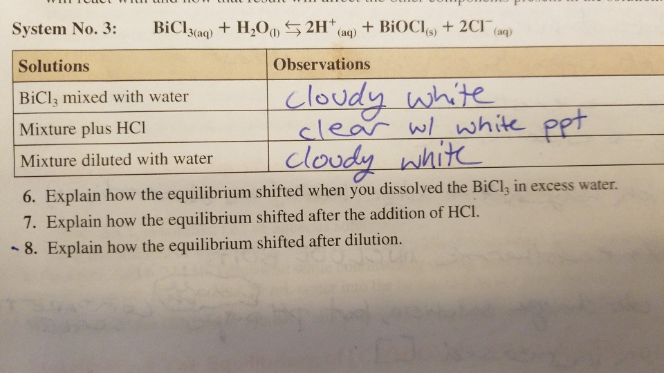 Solved System No. 3: BiCl3(aq) + H2On与2H+(aq) + Bioclo + | Chegg.com