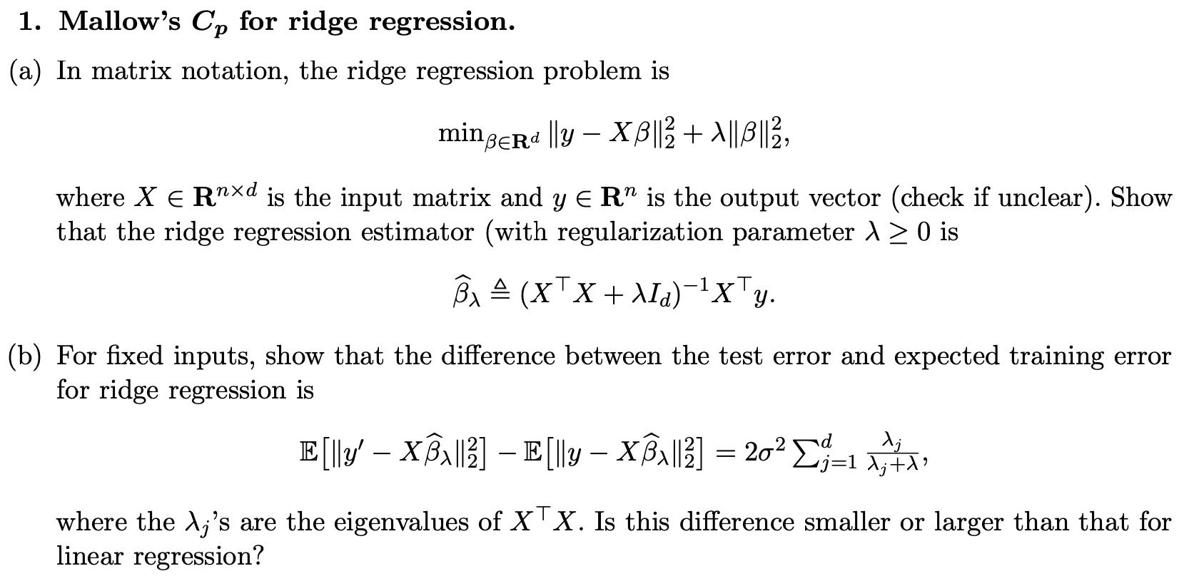 1. Mallow's Cp for ridge regression. (a) In matrix | Chegg.com