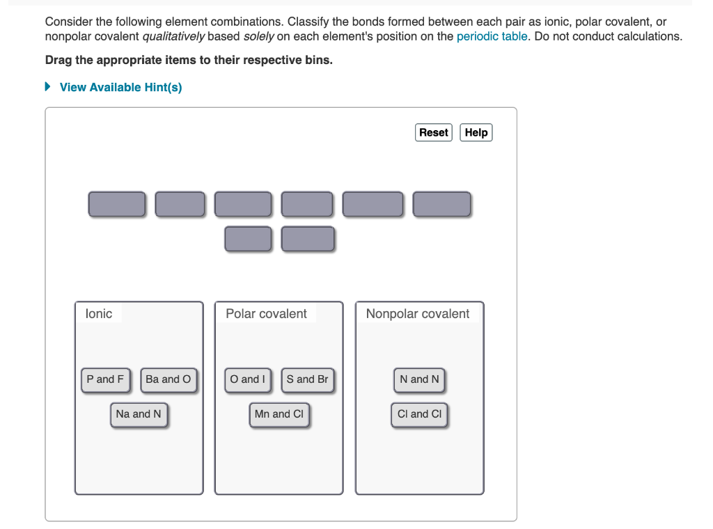 Solved Consider the following element combinations. Classify | Chegg.com