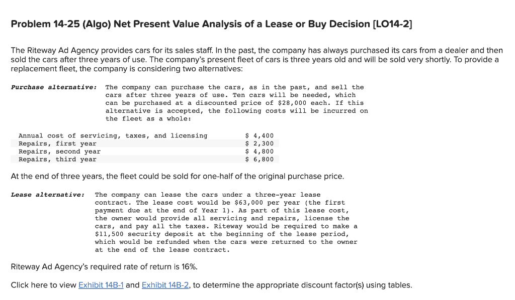 Solved Problem 14-25 (Algo) Net Present Value Analysis of a | Chegg.com