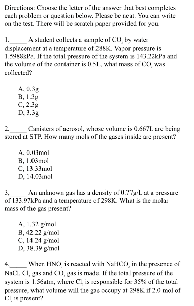 Solved Directions: Choose the letter of the answer that best | Chegg.com