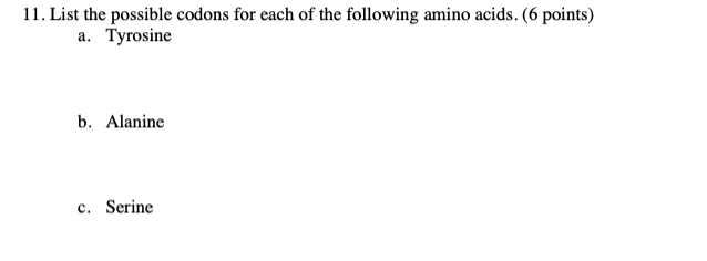 Solved 11. List the possible codons for each of the | Chegg.com