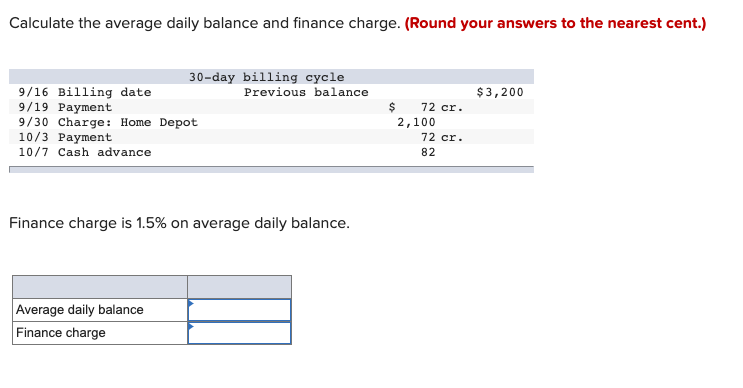 Calculate the average daily balance and finance | Chegg.com