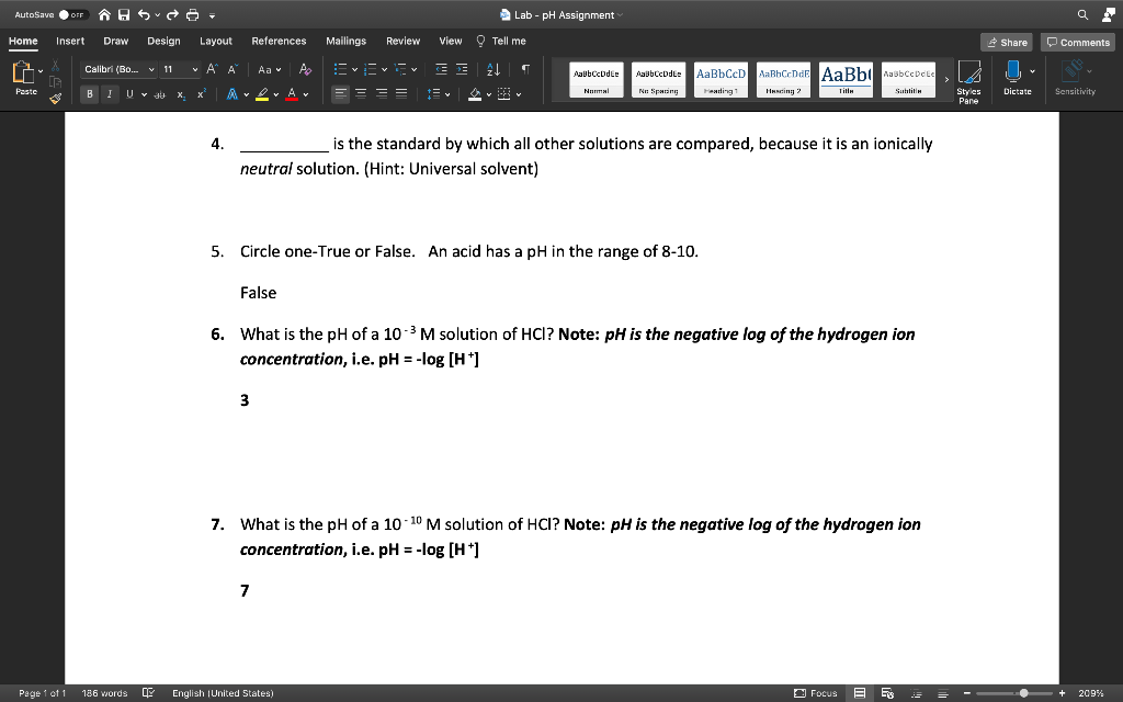 Solved AutoSave OFF OFF $ Lab - pH Assignment a Home Insert | Chegg.com