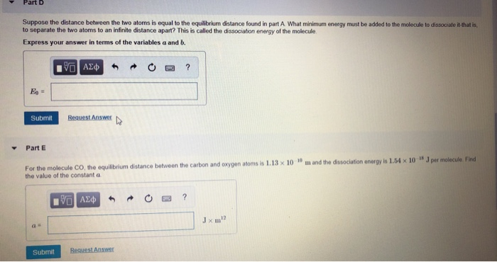 Solved Constants The potential energy of two atoms in a | Chegg.com