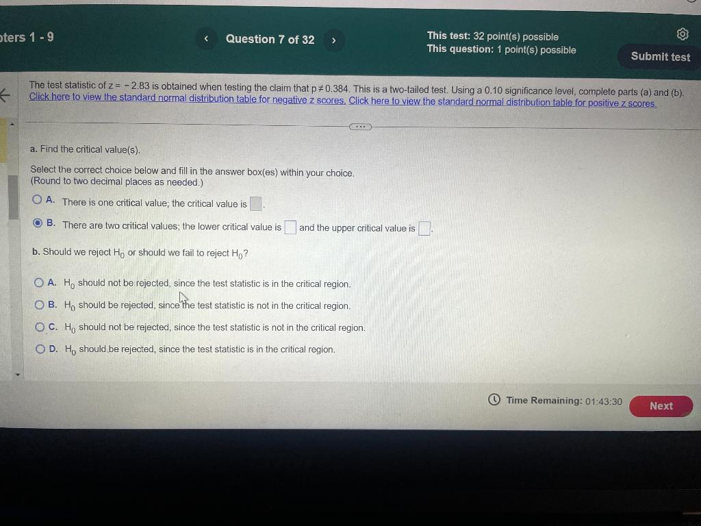 Solved The Test Statistic Of Z −2 83 Is Obtained When