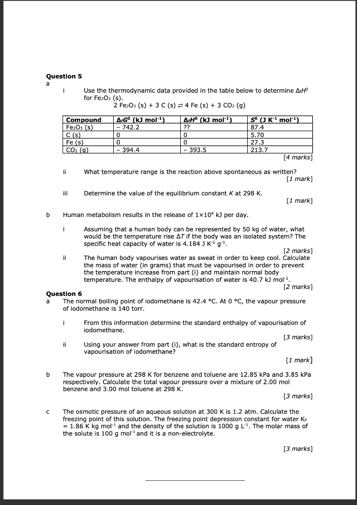 Solved Question 5 Use the thermodynamic data provided in the | Chegg.com
