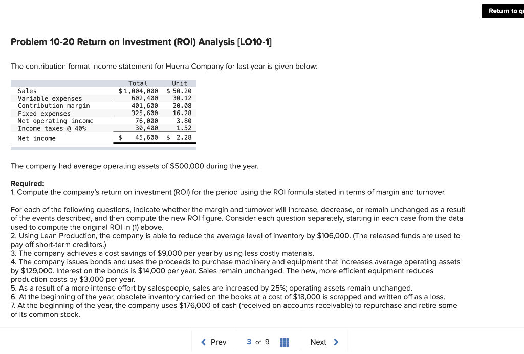 Solved Return to qi Problem 10-20 Return on Investment (ROI) | Chegg.com