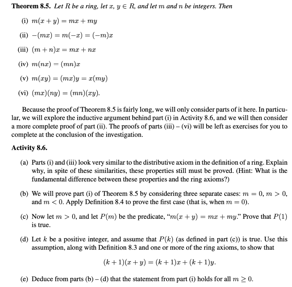 Solved Theorem 8.5. Let R be a ring, let x, y € R, and let m | Chegg.com