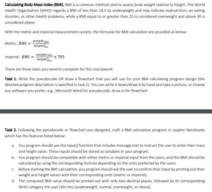 Solved Calculating Body Mass Index (BMI). BMI is a common | Chegg.com